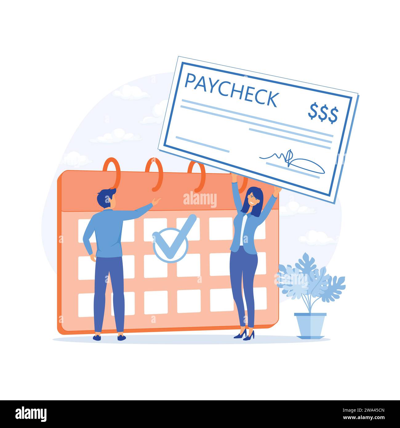 Calendar with payday, calculator and tiny business people getting a ...