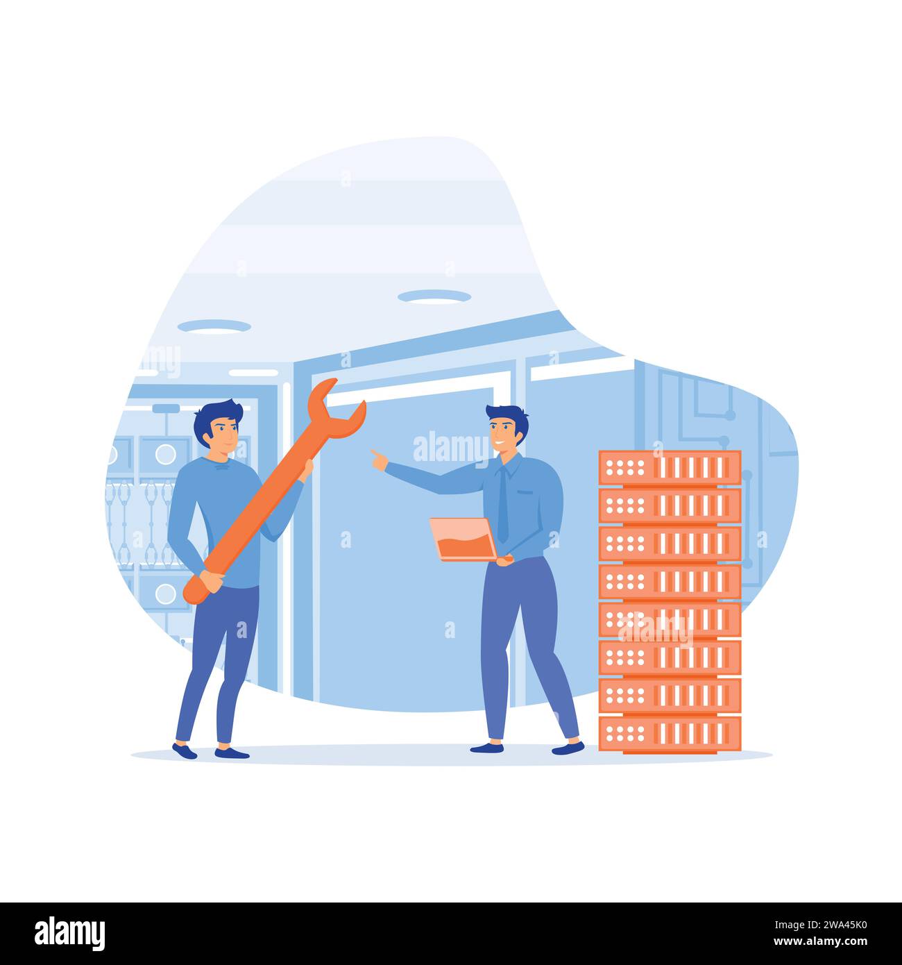 Data center. Service engineers administrators set up data centers, flat ...