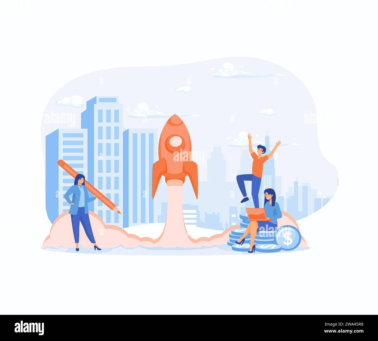 Business startup. Young emerging company rocket launch into space,flat ...