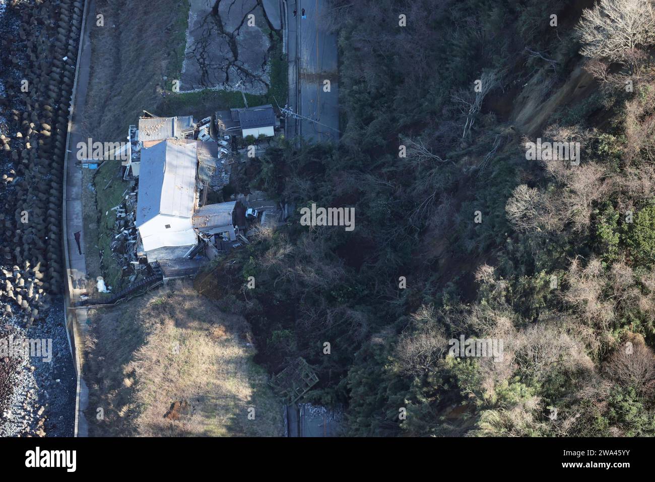 An aerial photo shows a landslide site in Wajima City, Ishikawa ...