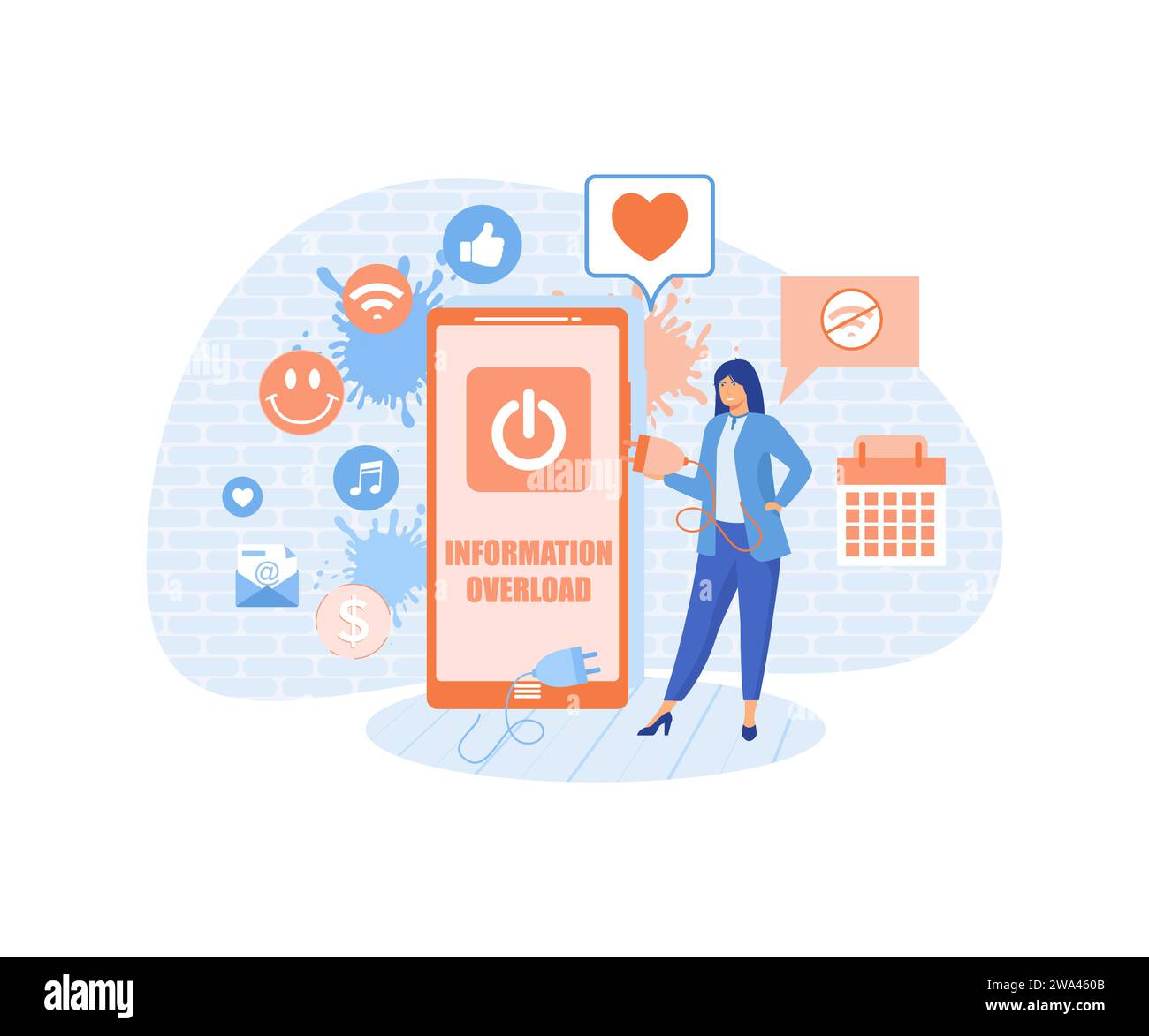 Overload information. Tiny girl protecting themselves from flow of ...