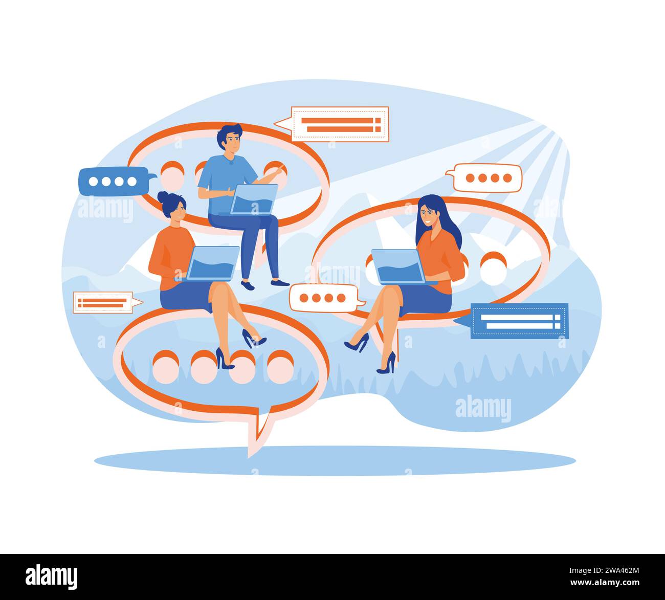 A group of people communicates through the Internet social networks ...