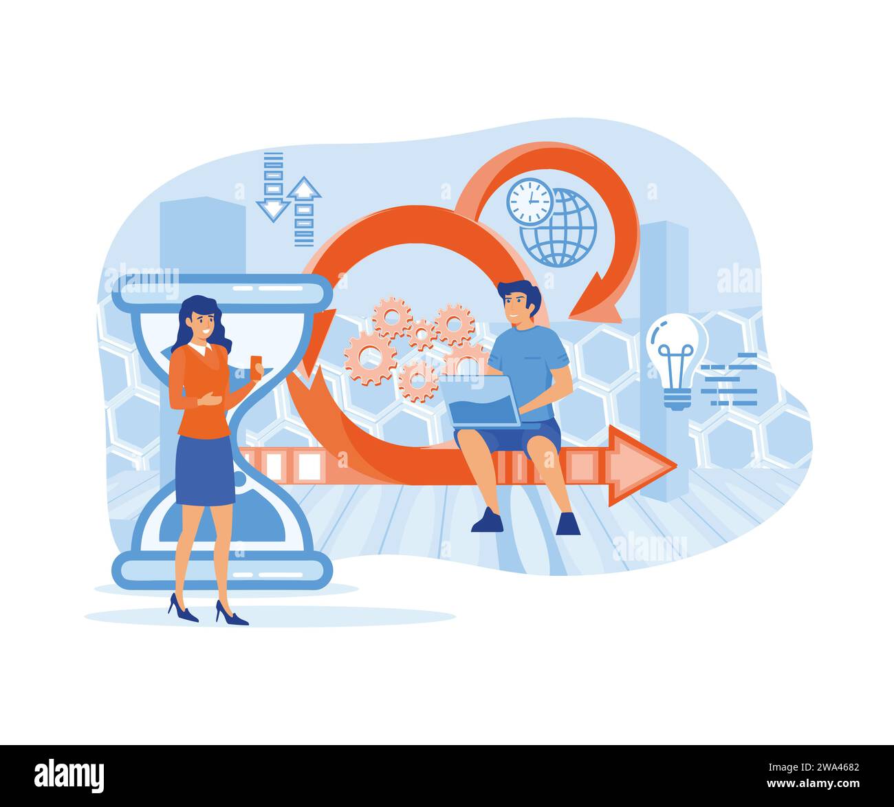 Man and woman with laptop near gears and hourglass. Organization of ...