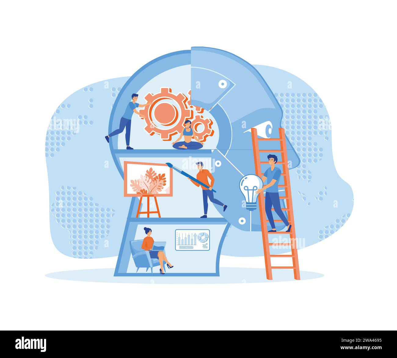 Self development, profile of human head with people developing mental issues. flat vector modern ...