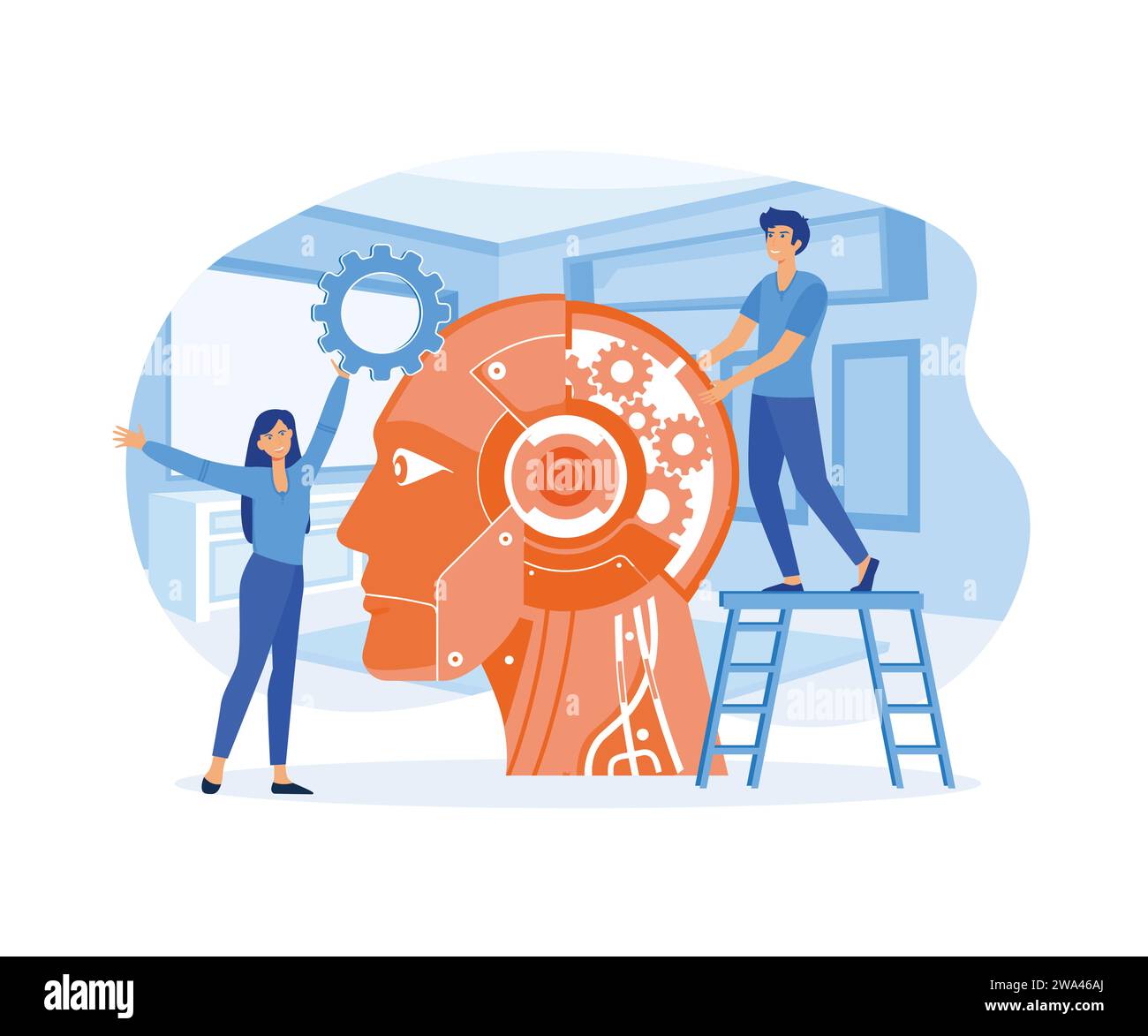 Tiny Business Characters with Gears at Huge Cyborg Head. Artificial Intelligence, Machine ...