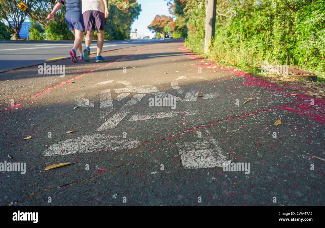 Painted bike lane shared with pedestrians. Two people walking on the ...