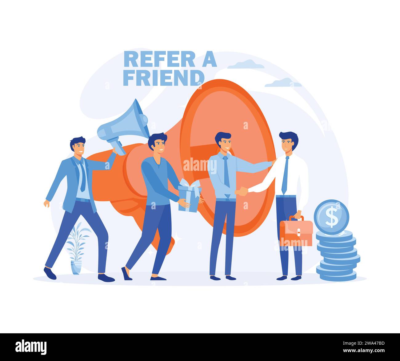 People shout on megaphone with Refer a friend and get rewarded design ...