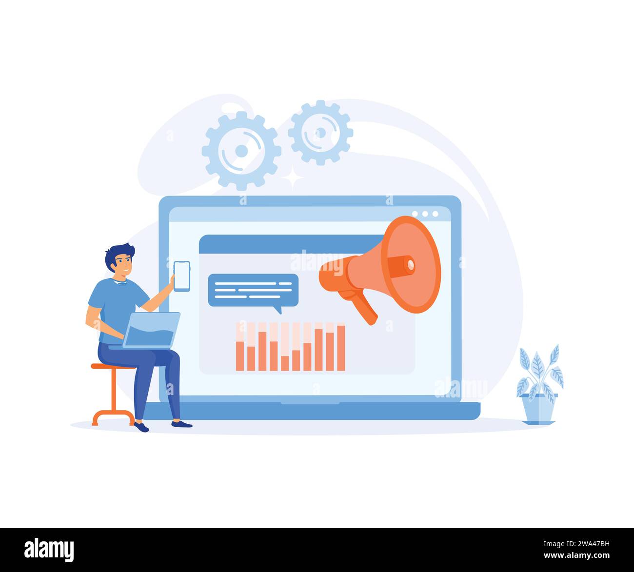 Digital marketing and promotion. Man characters analyzing graph, charts ...