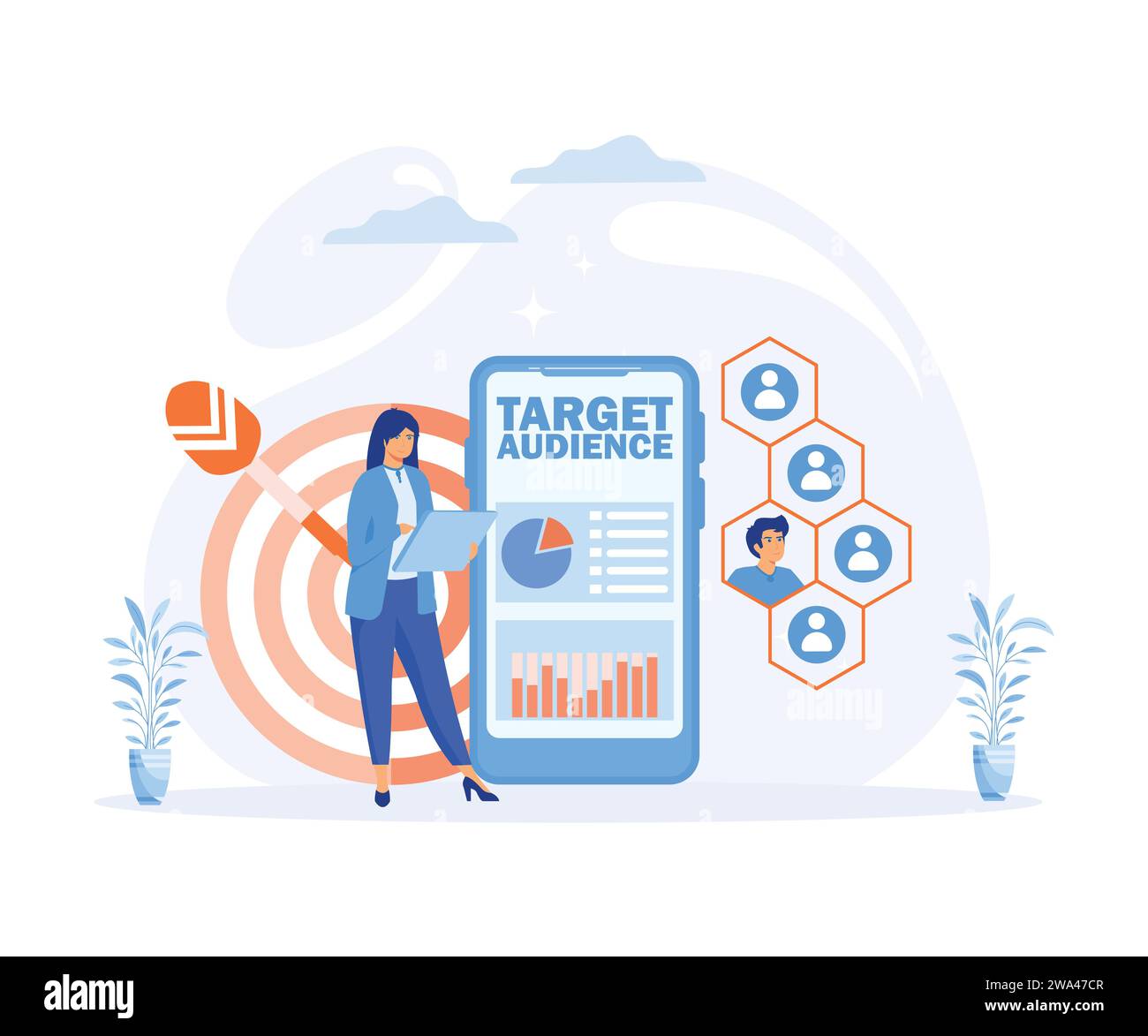 Target audience. Tiny woman set up advertise on social networks in ...