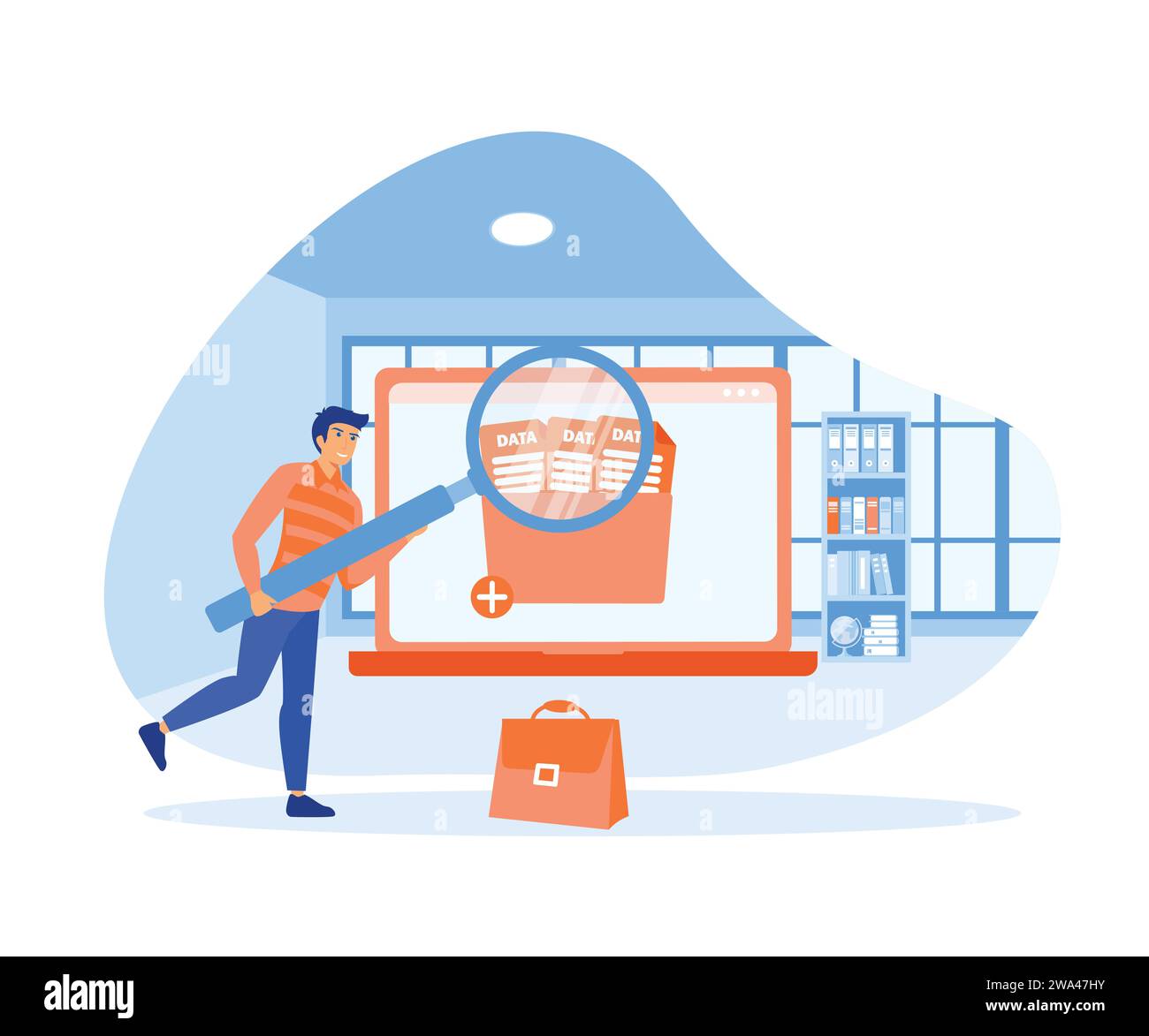 Male worker add files to big folder. Storage and indexing of ...