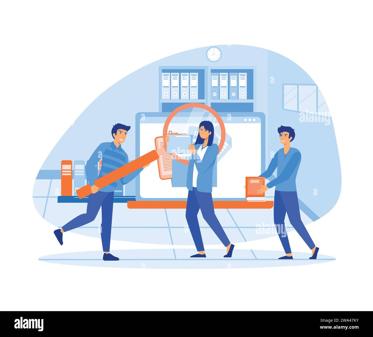 People taking documents from shelves, using magnifying glass and ...