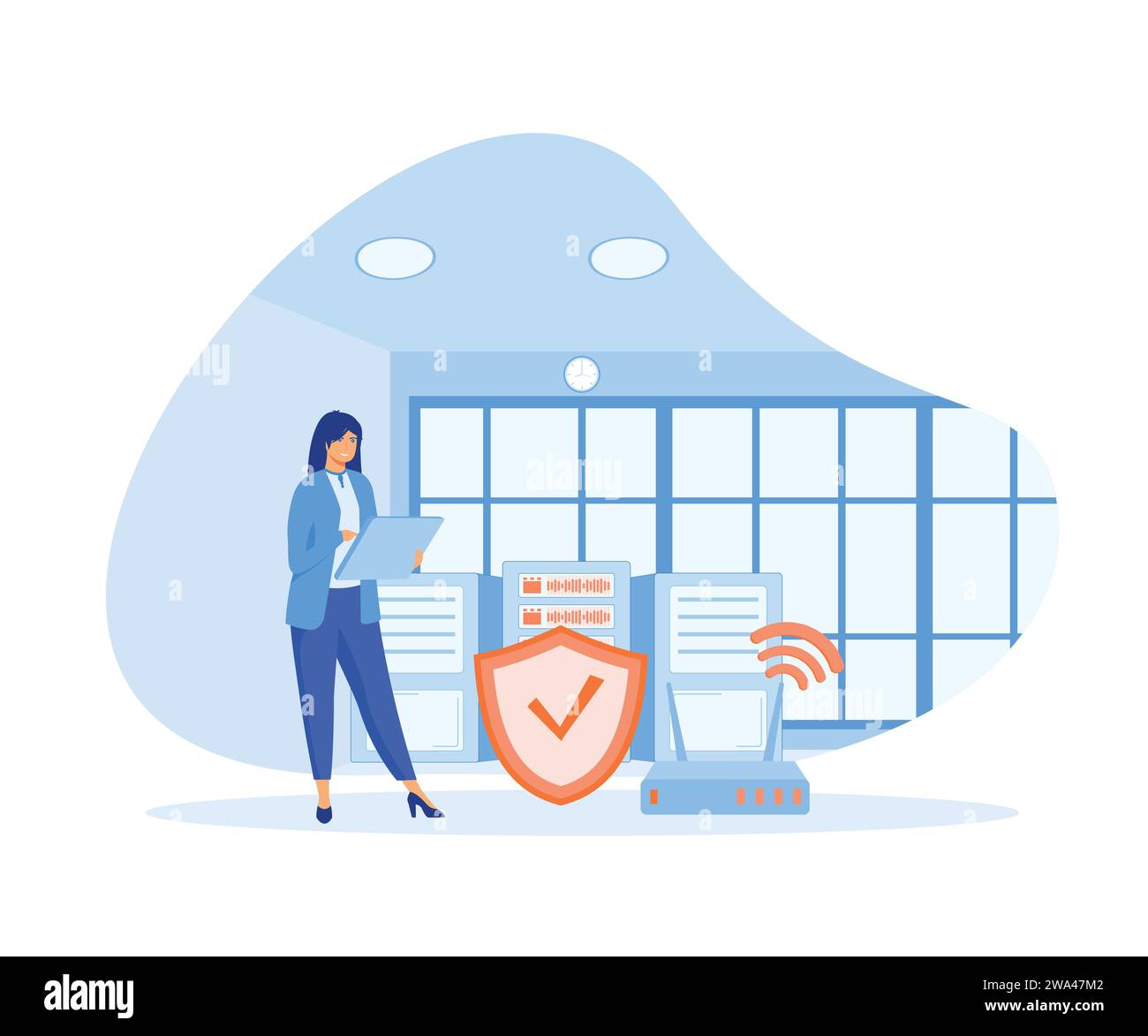 A woman performs Cloud Shared Documents security. flat vector modern ...
