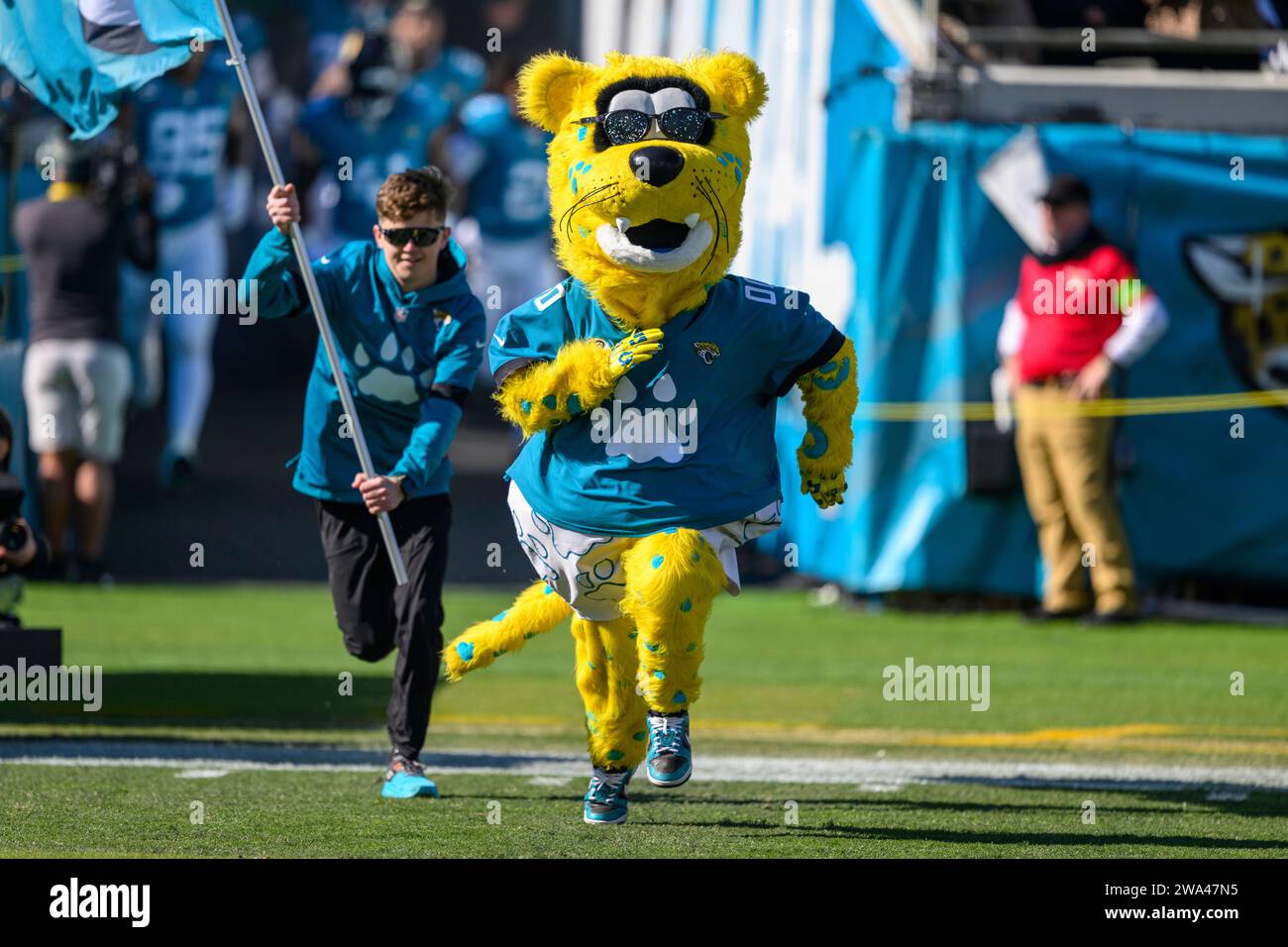 Jacksonville Jaguars mascot Jaxson de Ville runs onto the field during ...
