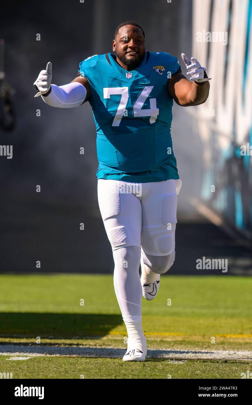 Jacksonville Jaguars offensive lineman Cam Robinson (74) gestures as he ...