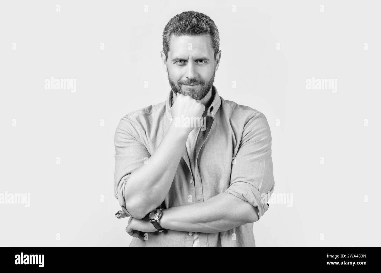 positive mature stylish man with stubble wearing casual shirt. mature ...