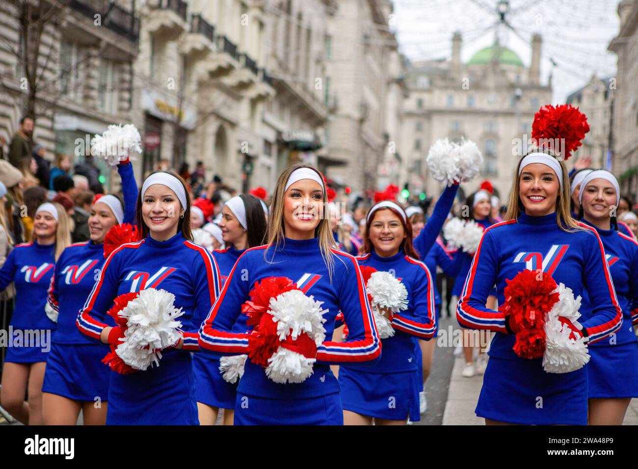London, UK. 01st Jan, 2024. Cheerleaders take part during the London ...