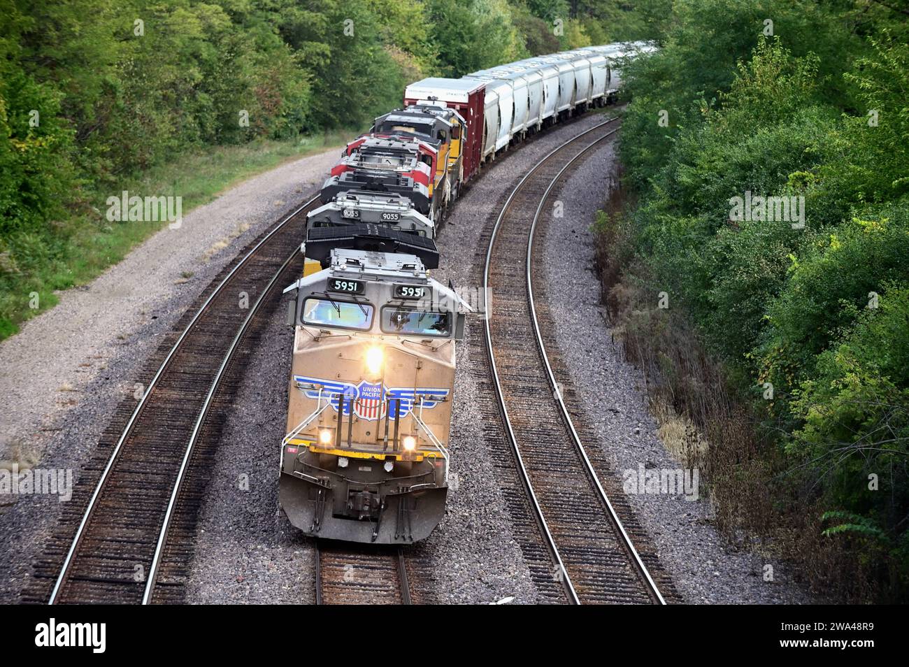 Wheaton, Illinois, USA. A westbound Union Pacific freight train ...