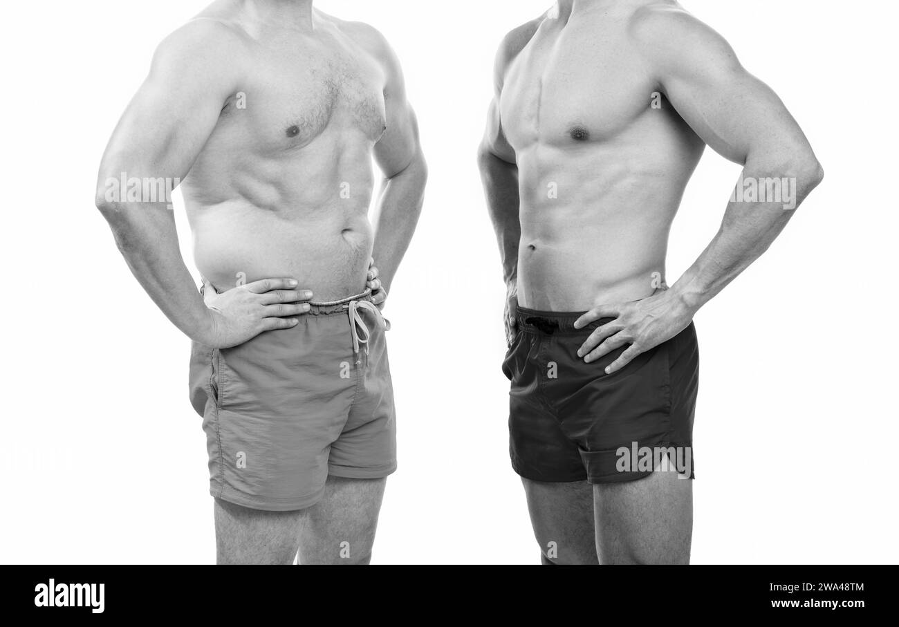 diet and sport for body comparison of men isolated on white. diet and ...