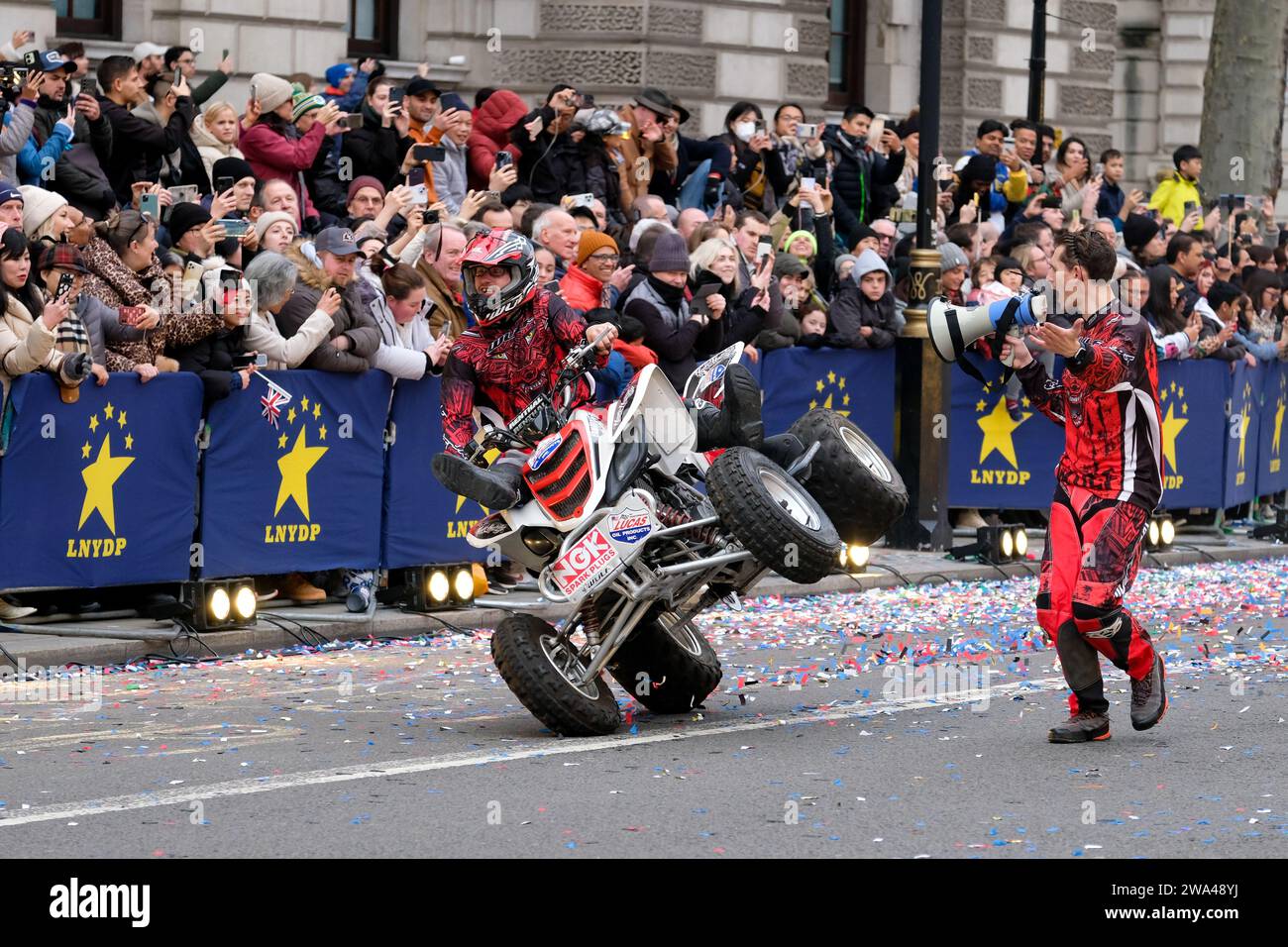 London, UK. 1st January, 2024. Crowds in London gather to watch the London New Year's Day Parade ...