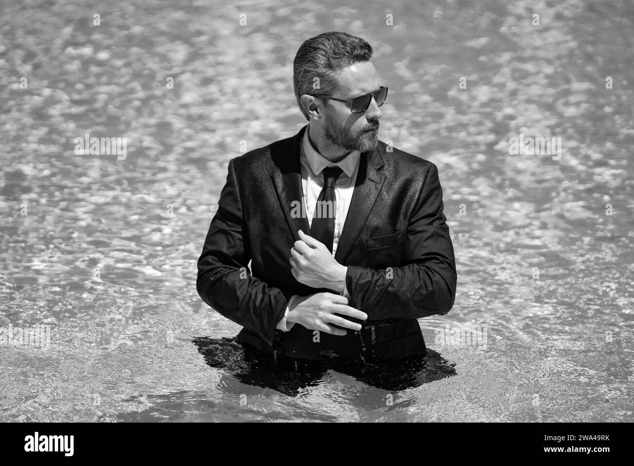 handsome businessman boss in summer pool outdoor. businessman boss in ...