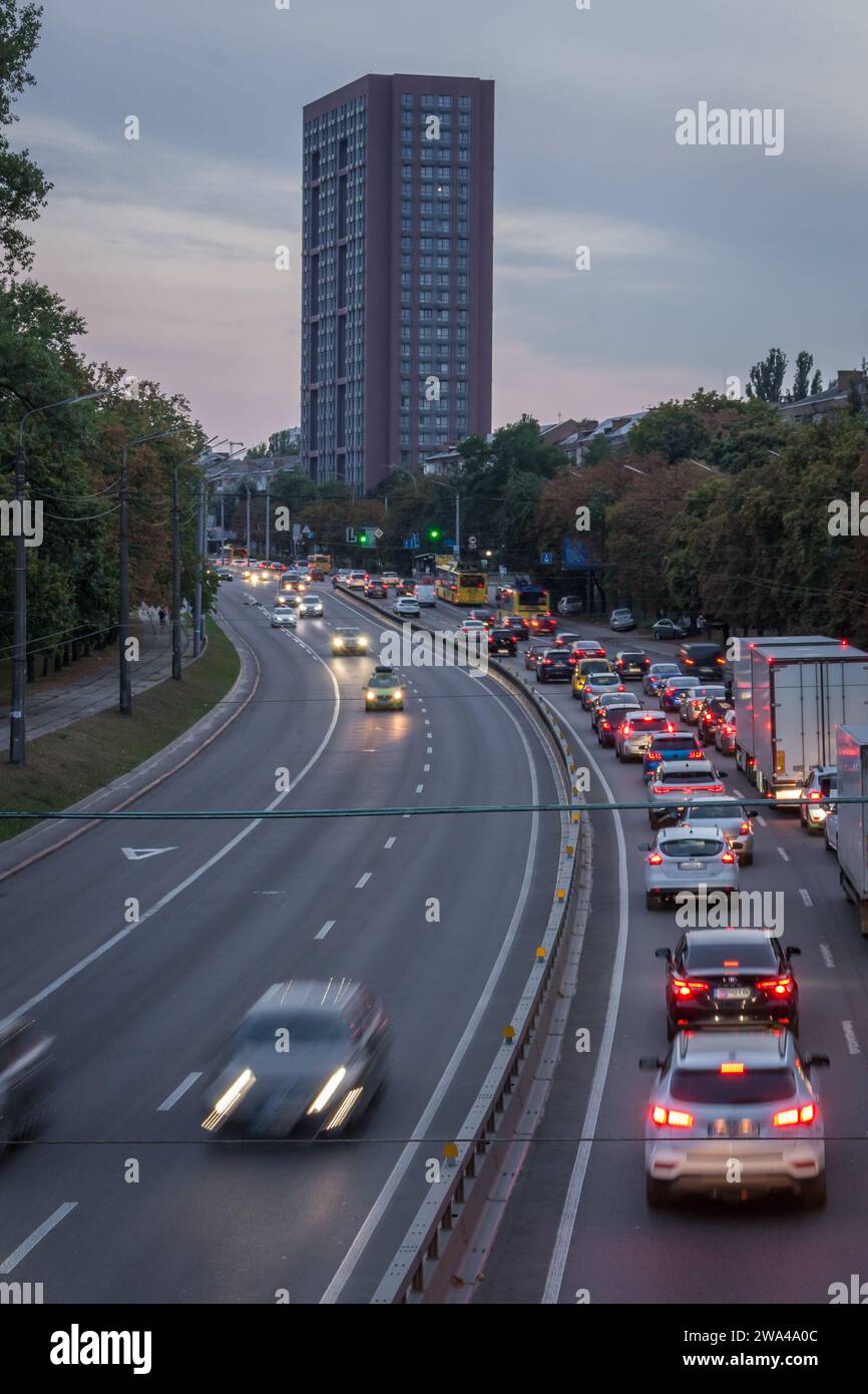 Traffic on highway, Kyiv, Ukraine. Traffic jam in evening city. Kyiv ...