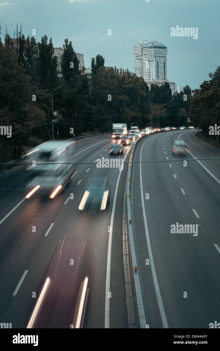 Traffic on highway, Kyiv, Ukraine. Traffic jam in evening city. Kyiv ...