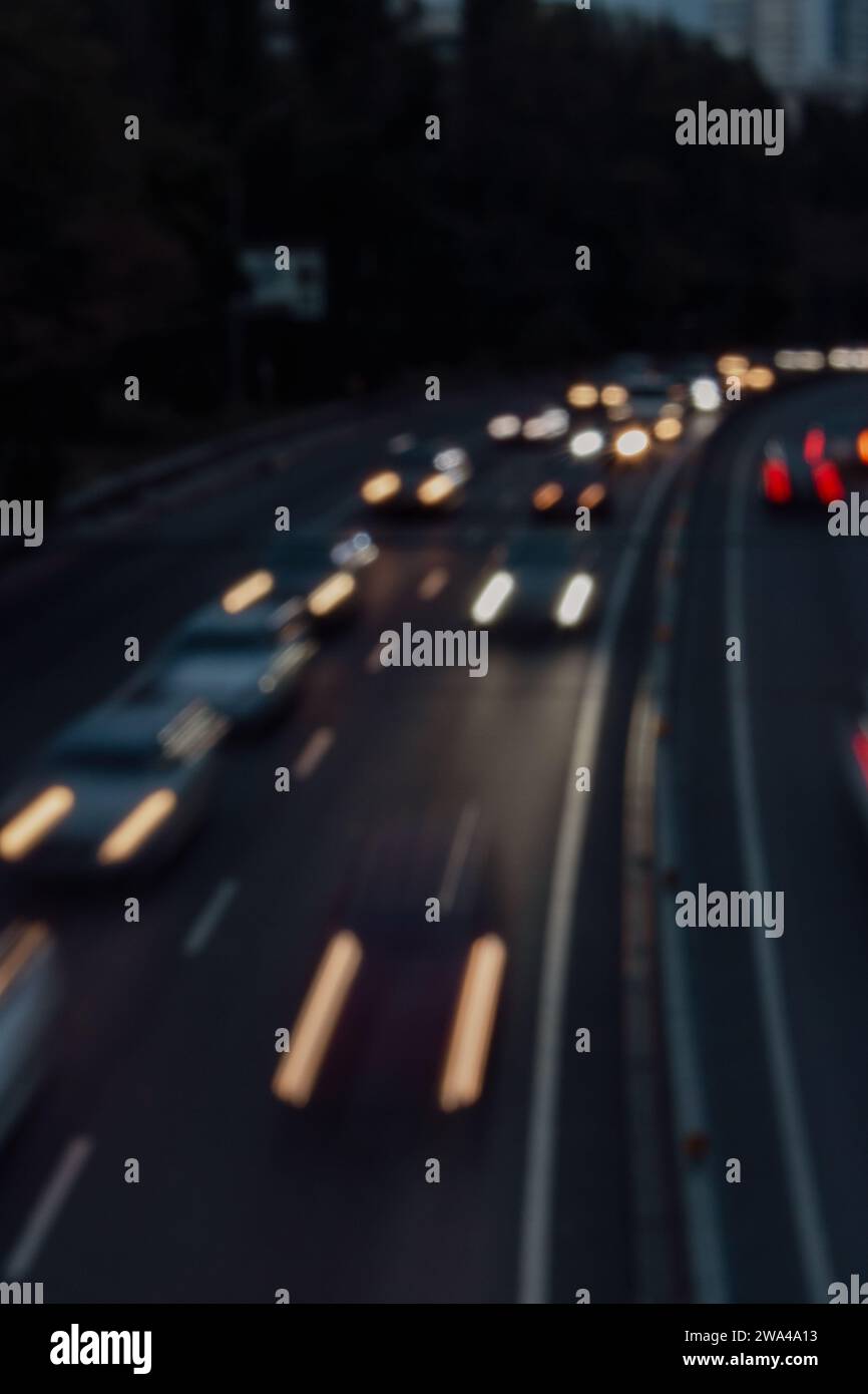 Traffic on highway, blurred motion. Traffic jam in evening city ...
