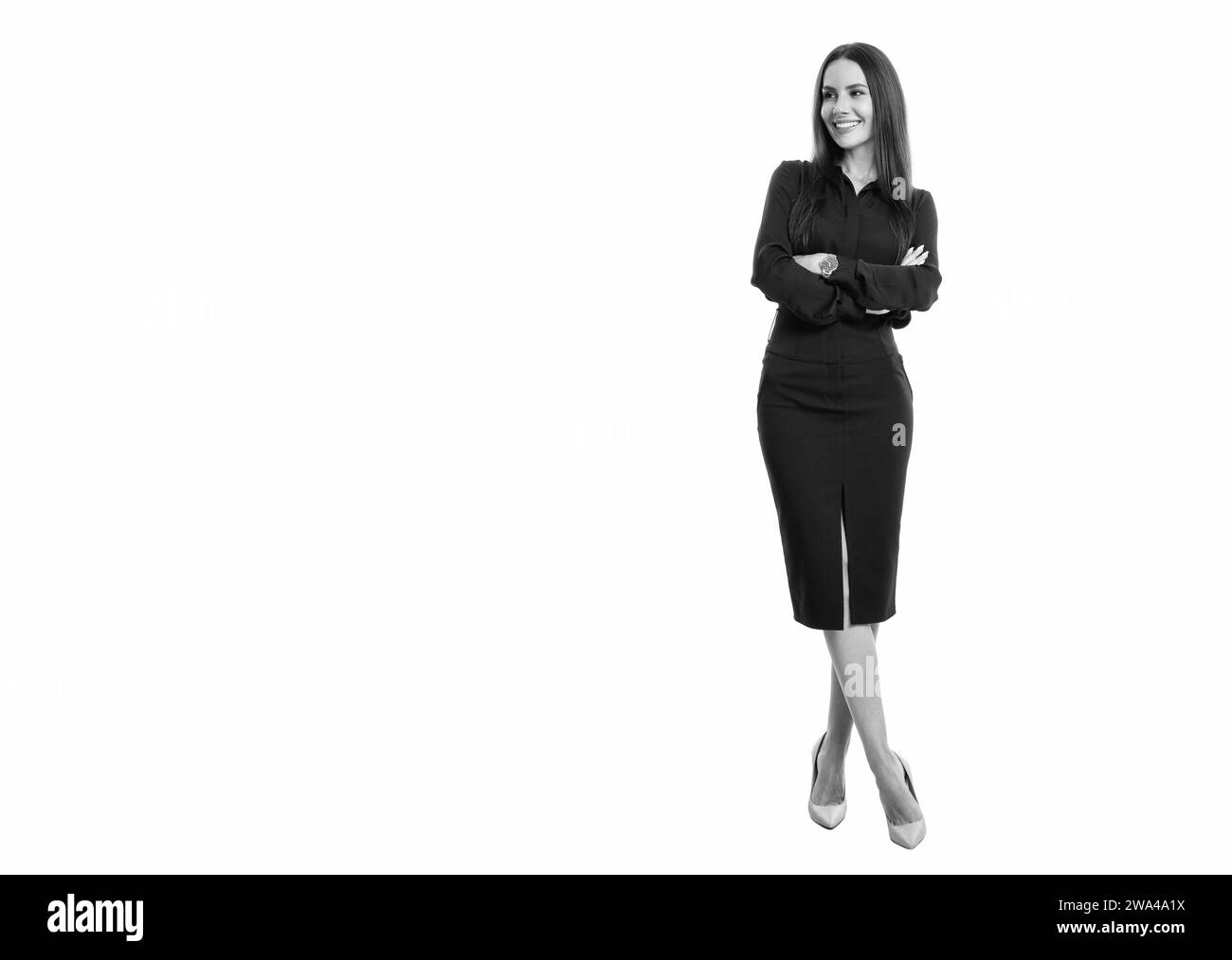 happy woman boss isolated on white background with copy space ...