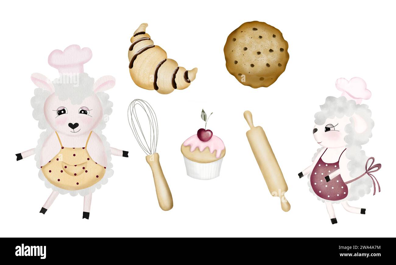 Pastry chefs sheep cute watercolor bakery set. Lamb animal with cookies ...