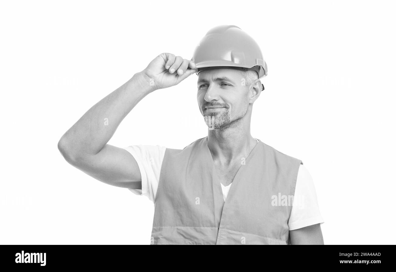 cheerful man laborer isolated on white. man laborer in white studio ...
