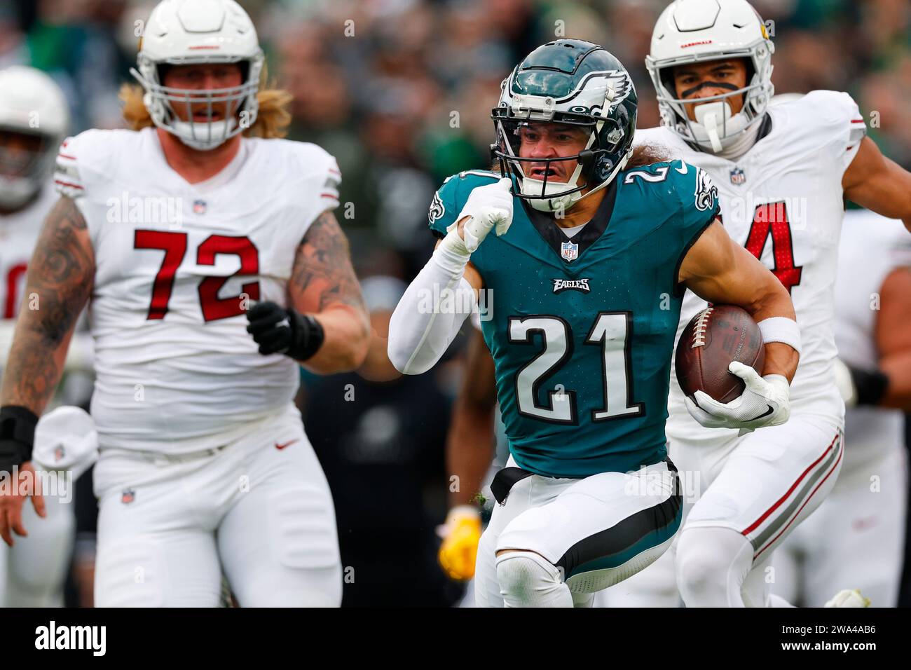 Philadelphia Eagles safety Sydney Brown (21) returns an interception 98 ...