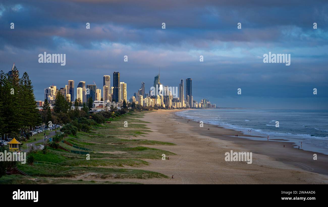 Panoramic view of the Gold Coast skyline at sunrise, Australia Stock ...