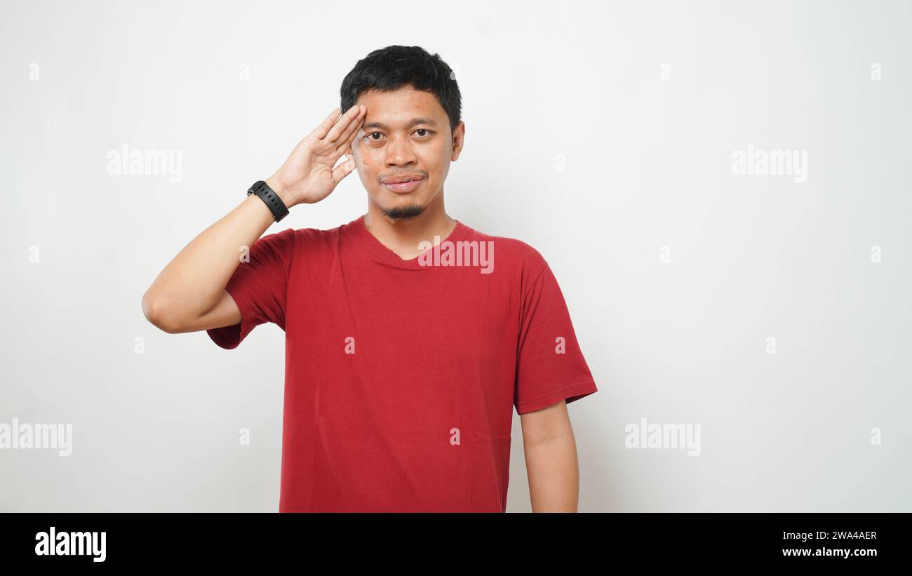 Asian man is using sign language with hand against white background ...