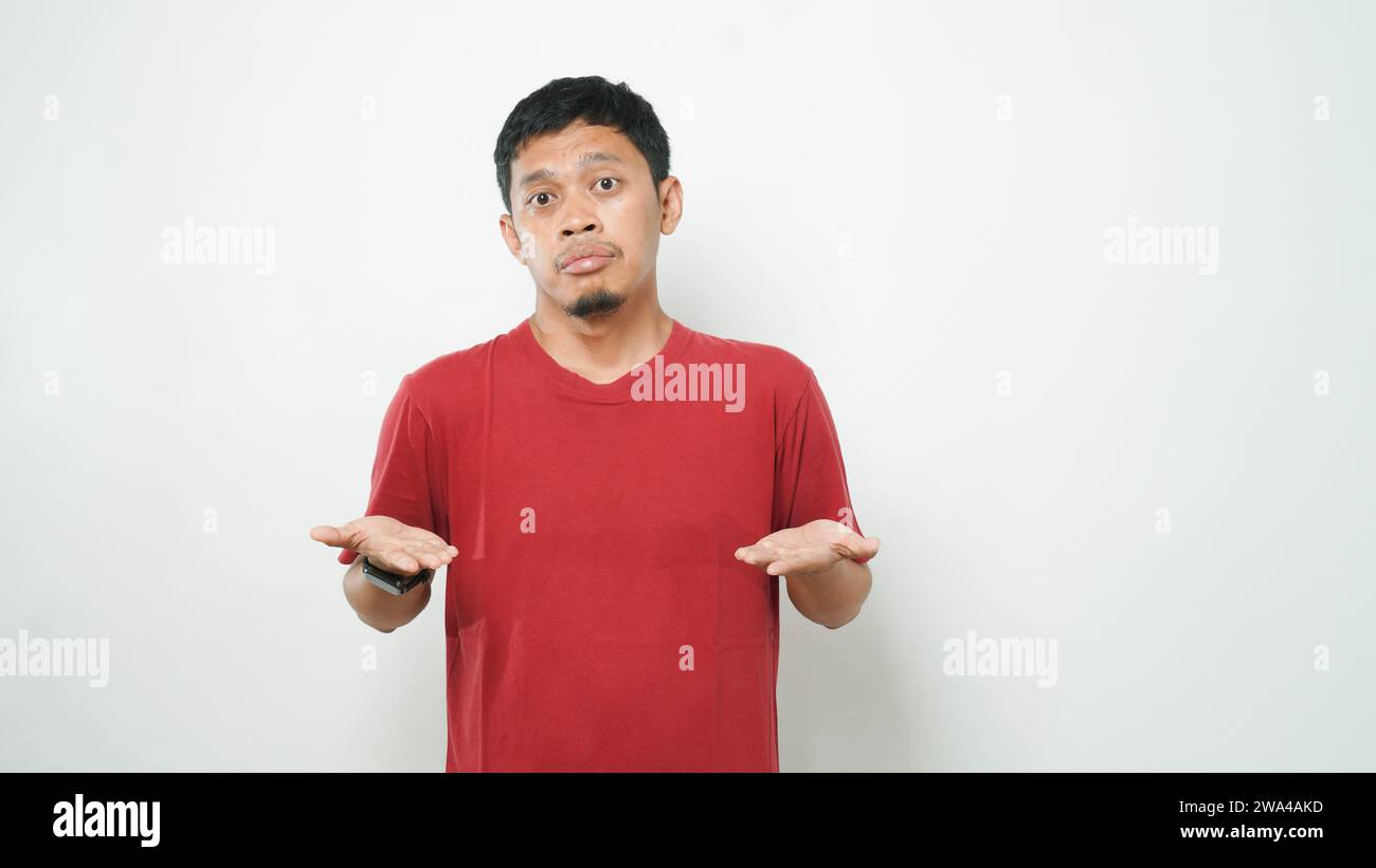 Asian man is using sign language with hand against white background ...