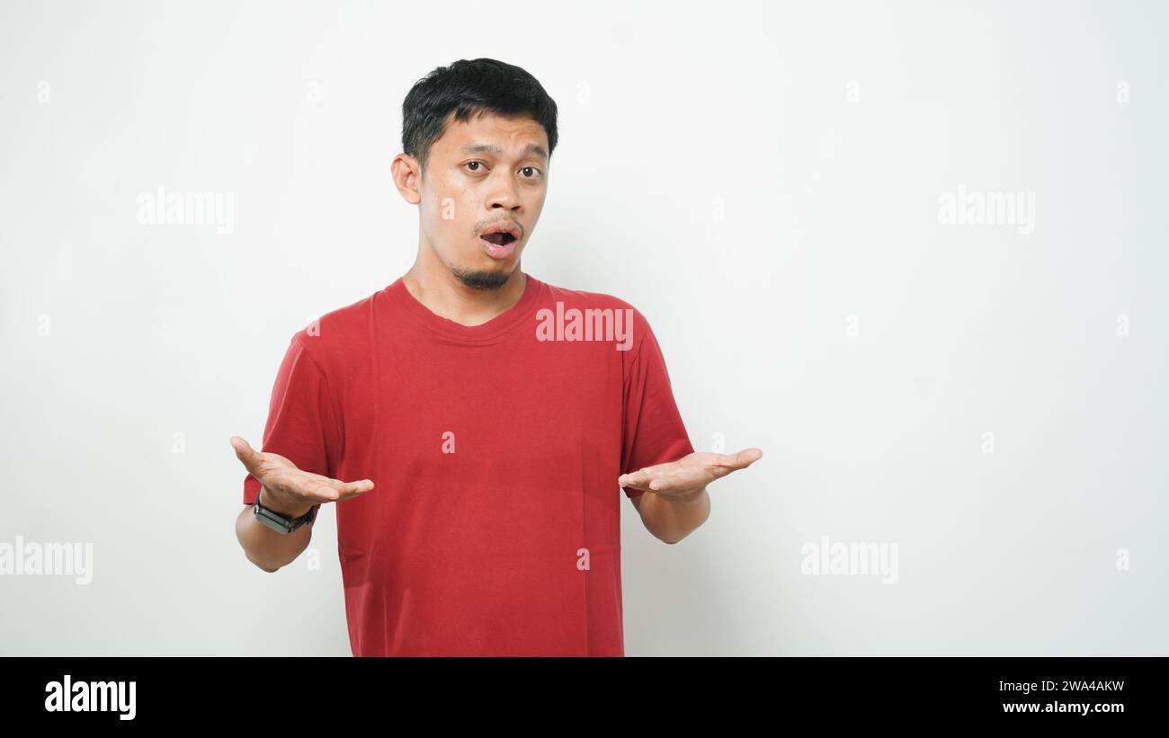 Asian man is using sign language with hand against white background ...