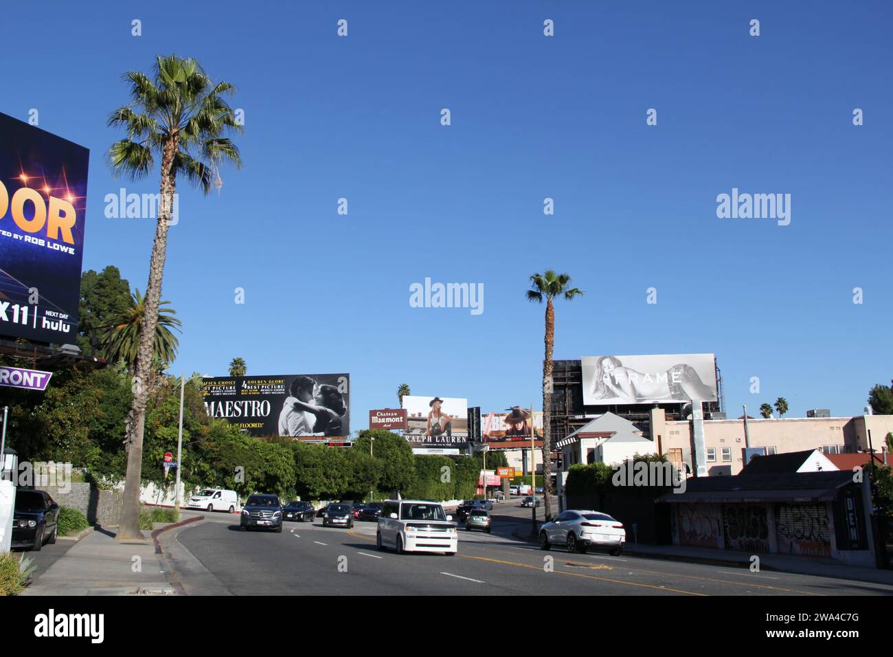 Sunset Strip Los Angeles Hollywood billboards Wide Shot Stock ...