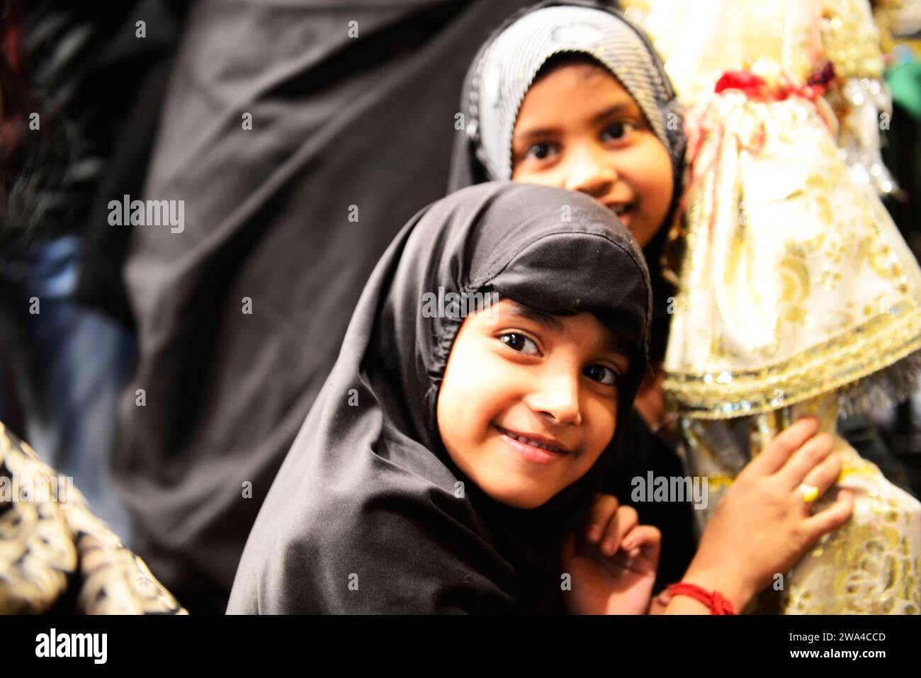 Portrait of smiling Indian Shia Muslim girls taken in Hyderabad ...