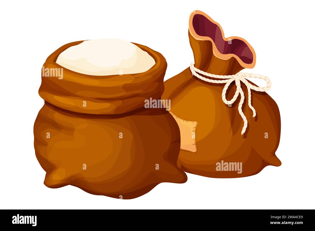 Sack with flour, wheat powder, open bag with rope in cartoon style farm ...