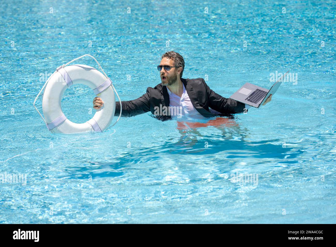 Businessman hold floating rescue buoy. Help businessman. Support and ...