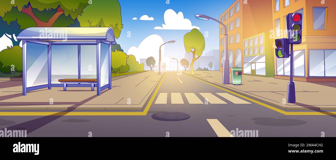 Cartoon Street With Traffic Light Stop Police Woman Holding Stop Sign