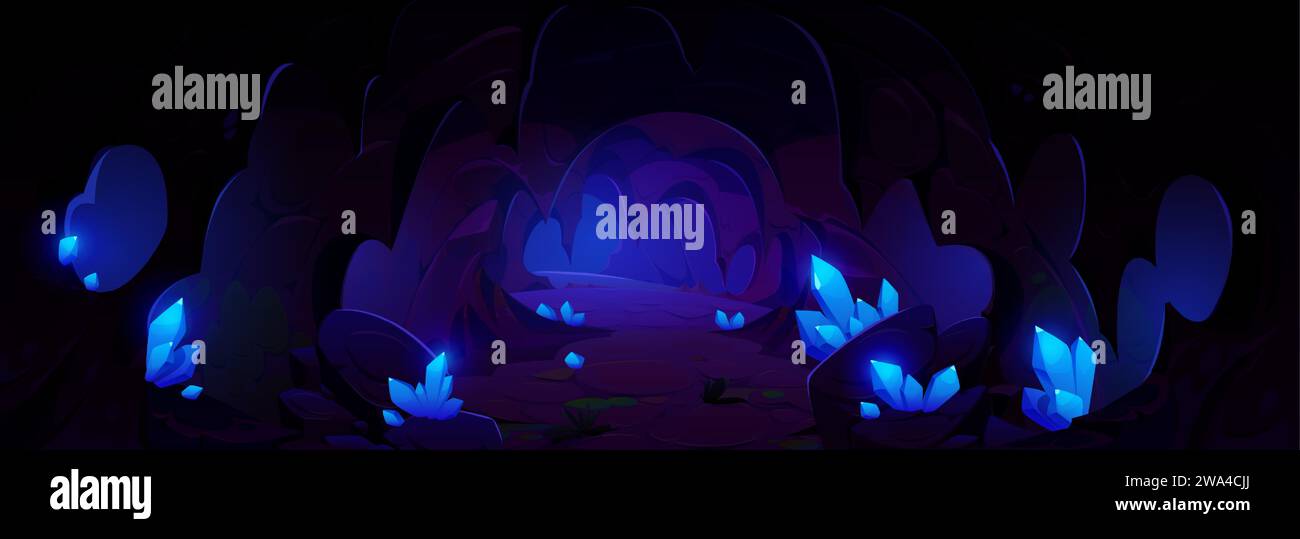 Dark cave with blue shining gem crystal clusters in stone walls ...