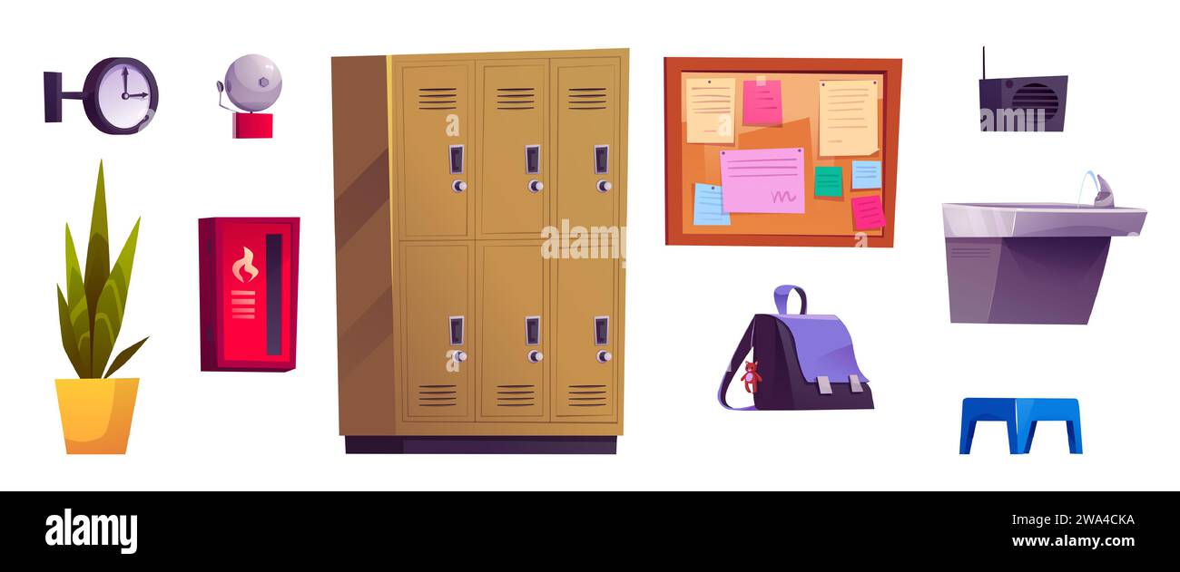 School hallway and corridor cartoon interior elements set - lockers ...