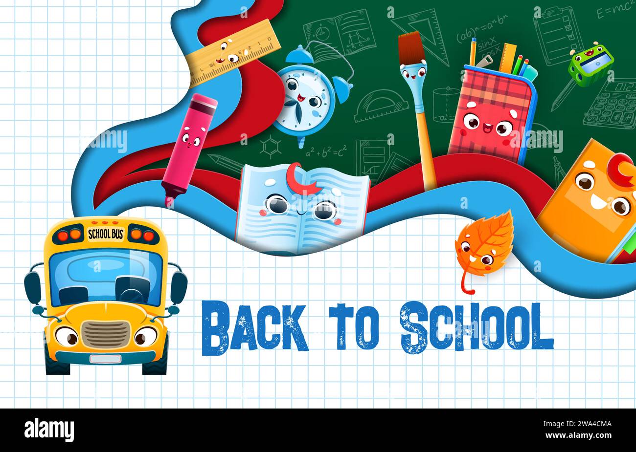 Back to school paper cut banner with funny stationery and bus ...