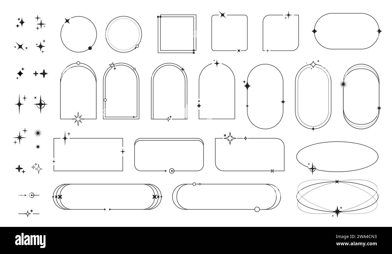 Minimal line frames with star sparkles and twinkles, linear borders and ...