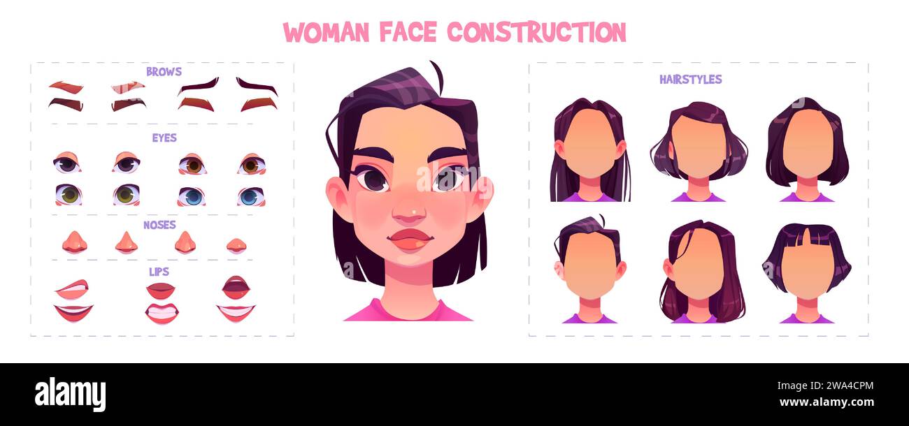 Female face constructor set for game avatar. Vector cartoon ...