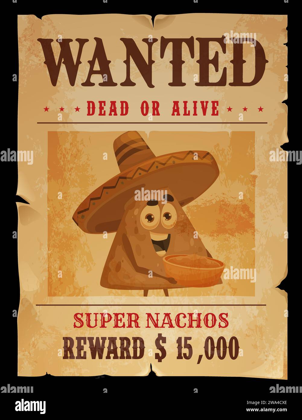 Western vintage wanted poster with nachos bandit. Wild West robber or ...