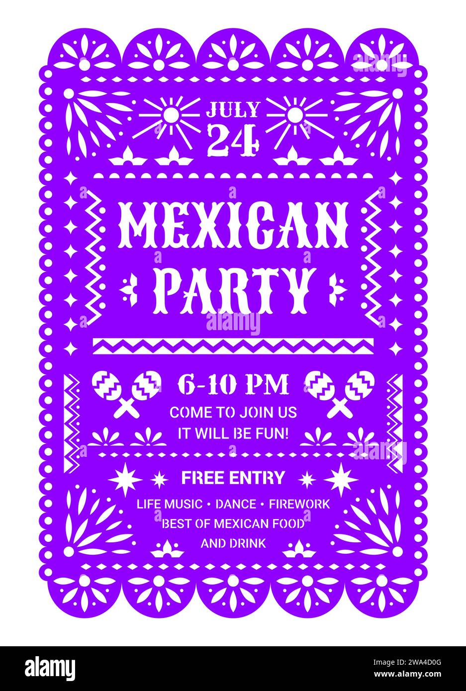 Mexican party flyer, papel picado paper cut flag for holiday, vector ...