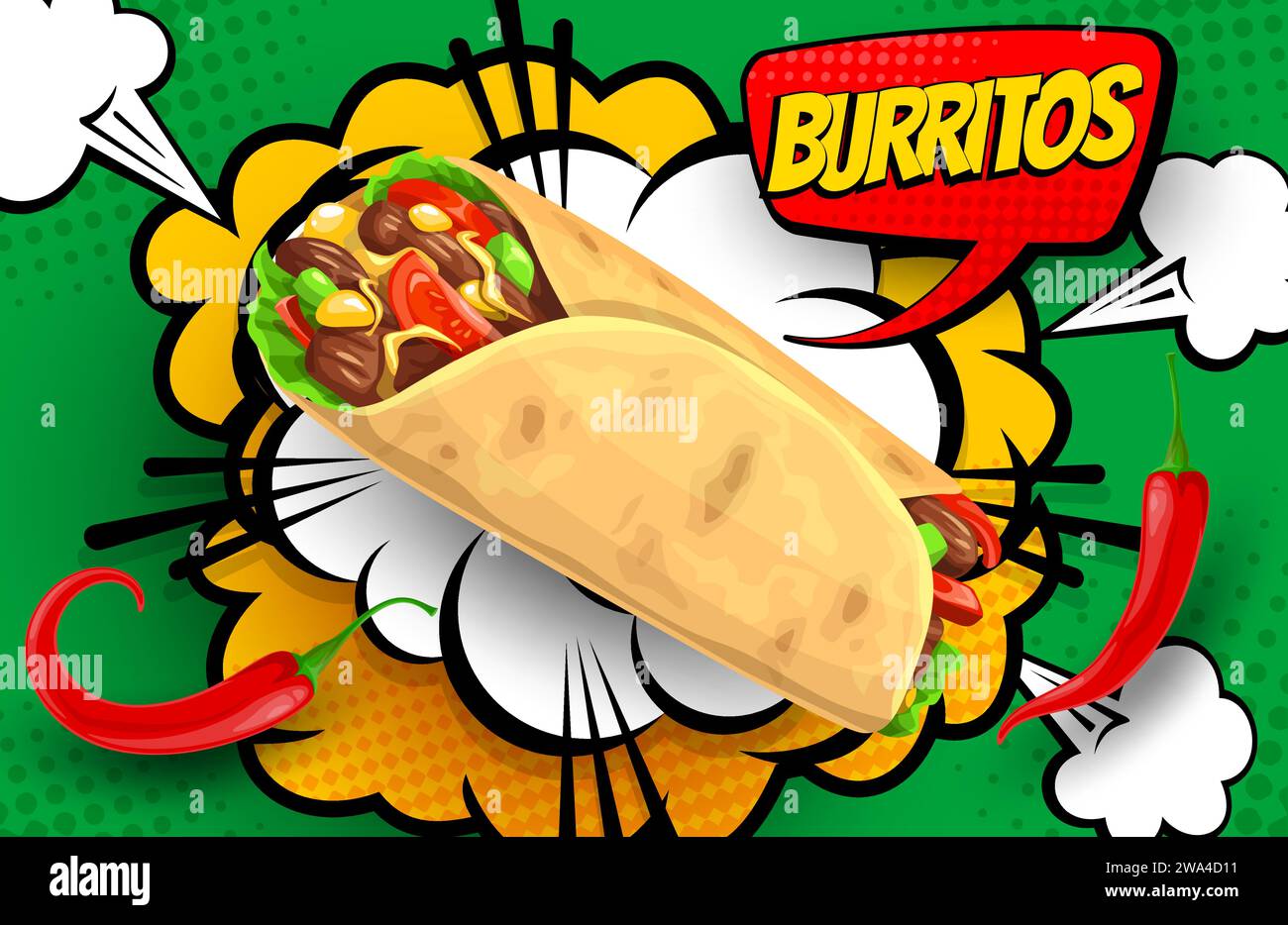 Retro comic halftone bubble with mexican burrito. Mexico fastfood food ...