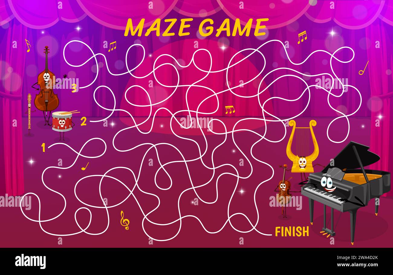 Labyrinth maze with cartoon musical instruments on the stage. Help to ...