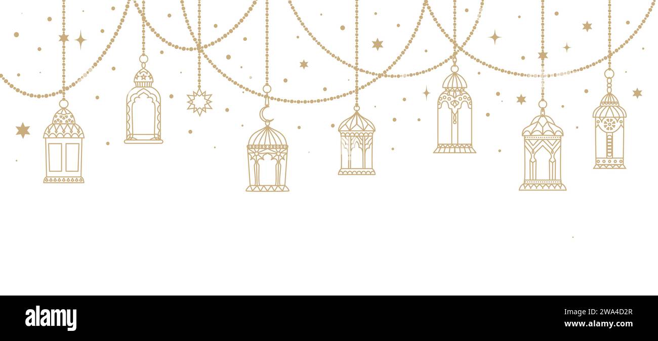 Ramadan karem arabian lantern and lamps border. Mosque old lantern ...